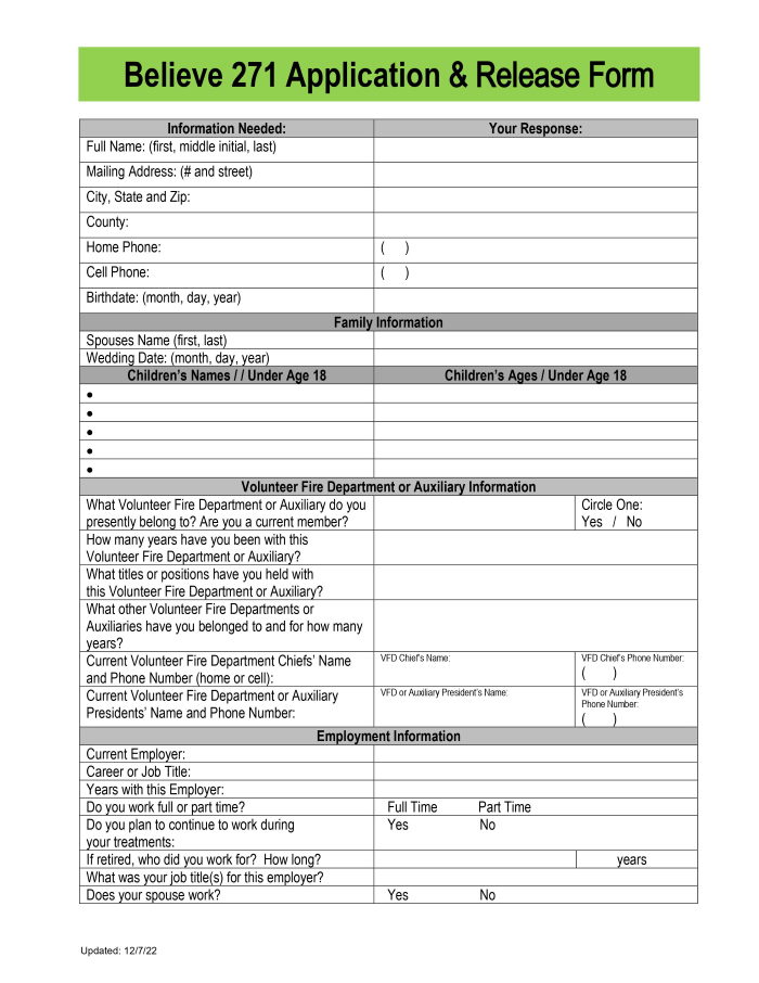 Application and Release Form - Believe 271
